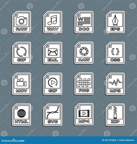 Set Line Zip File Document Mp3 Css Doc Eml  Raw And Icon Vector Stock Vector