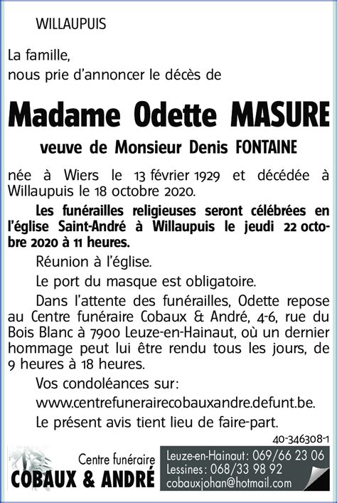 Avis De Décès De Odette Masure Décédé Le 18102020 à Willaupuis