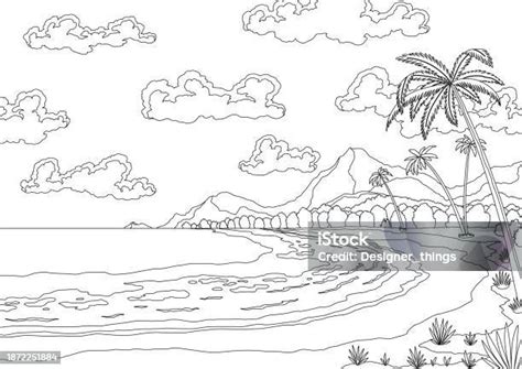 야자수 해안 물과 하늘 구름 채색 스타일 해변 풍경 아름 다운 해변 열 대 배너입니다 여름 휴가 바다 해안 벡터 일러스트 레이 션 0명에 대한 스톡 벡터 아트 및 기타