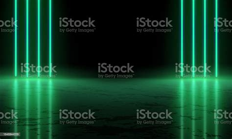 추상적인 파란색 3d 실린더 받침대 연단 공상과학 소설의 어두운 추상적인 방에는 수직으로 빛나는 네온 조명 라인이 있고 젖은 반사 바닥이 있습니다 벡터 렌더링 모형 제품