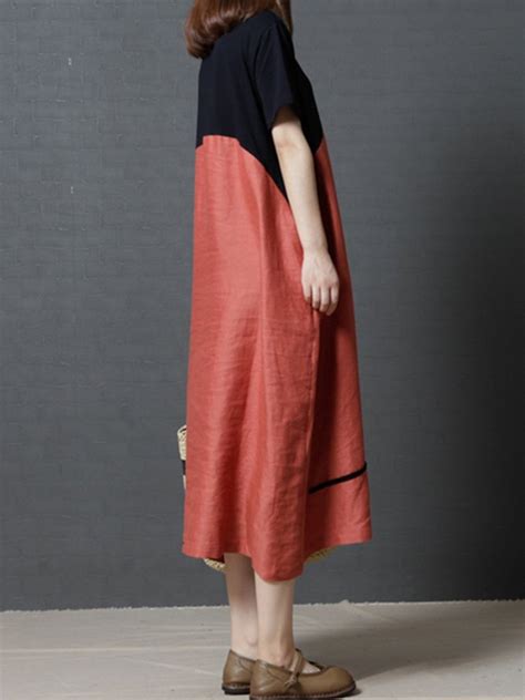 A Line Women Daily Short Sleeve Cotton Paneled Casual Dress Roselinlin