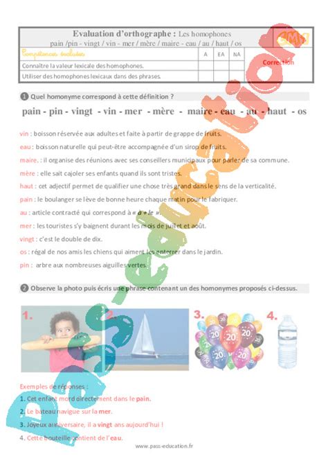 Les homophones lexicaux Fiches pin pain vingt vin mer mère