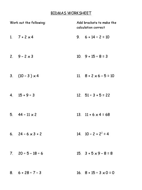 Bodmas Worksheet Pdf