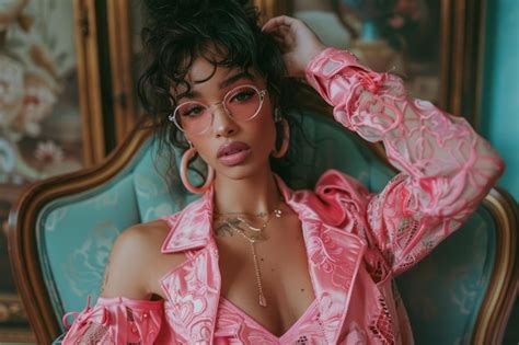 Premium Photo Stylish Young Woman In Pink Retro Outfit With