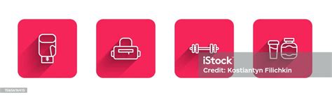 세트 라인 권투 글러브 스포츠 가방 바벨 및 스포츠 영양에 긴 그림자가 있습니다 빨간색 사각형 버튼입니다 벡터 건강한 생활방식에