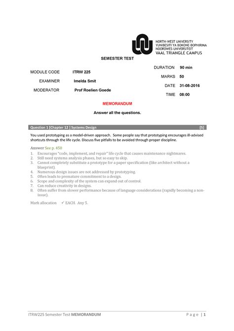 Semester Test MEMO SEMESTER TEST DURATION 90 Min MODULE CODE ITRW 225 MARKS 50 EXAMINER Imelda
