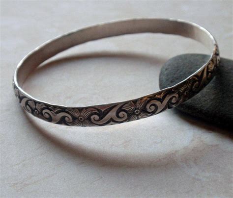 Silver Floral Bangle Oxidized Sterling Silver In Modern Floral Pattern