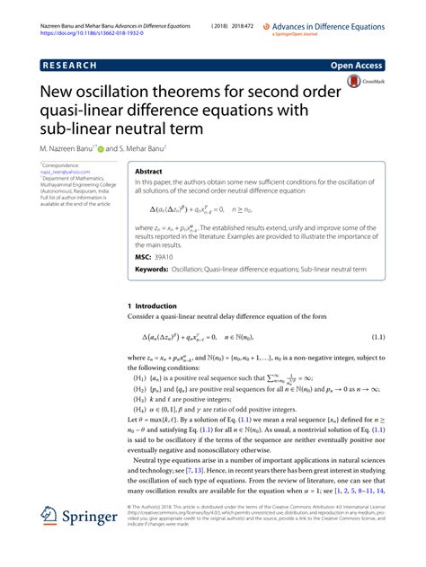Pdf New Oscillation Theorems For Second Order Quasi Linear Difference Equations With Sub