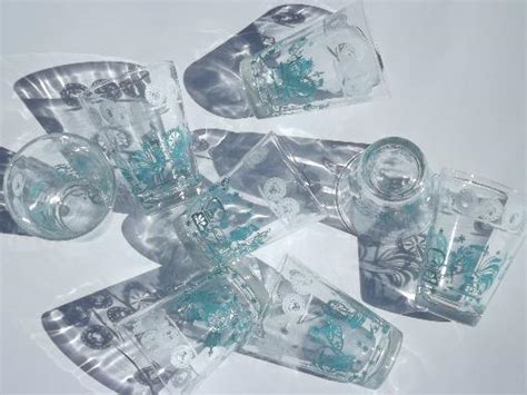 Vintage Rooster Print Drinking Glasses Set Of 8 Aqua Rooster Tumblers