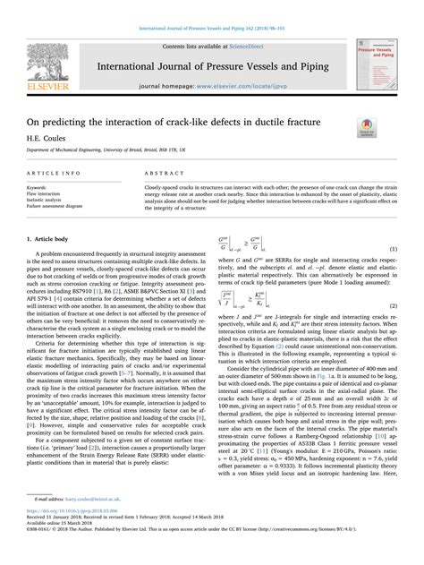 Pdf On Predicting The Interaction Of Crack Like Defects In Ductile Fracture