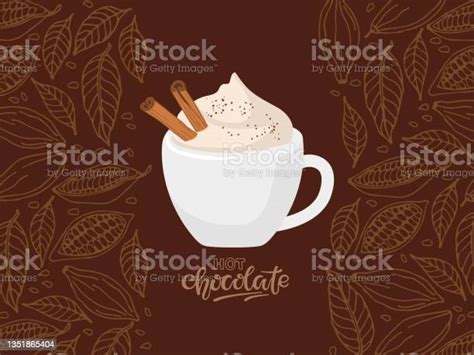 핫 초콜릿 서예 레터링 코코아 콩 스케치와 어두운 갈색 배경에 크림 음료 컵 플랫 스타일의 벡터 일러스트 카페 메뉴 팩 디자인 인쇄 디자인 포스터 웹 배너 갈색에 대한 스톡