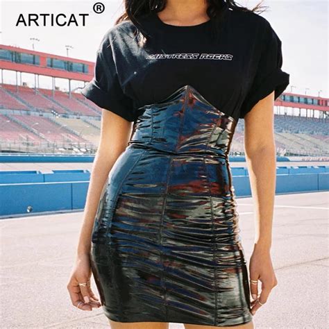 Articat Sexy High Waist Pu Leather Skirt Women Black Chest Up Back