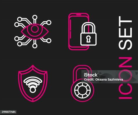 회선 안전 조합 잠금 휠 Wifi 무선 인터넷 네트워크가 있는 방패 스마트폰 폐쇄 자물쇠 및 눈 스캔 아이콘을 설정합니다 벡터 0명에 대한 스톡 벡터 아트 및 기타 이미지