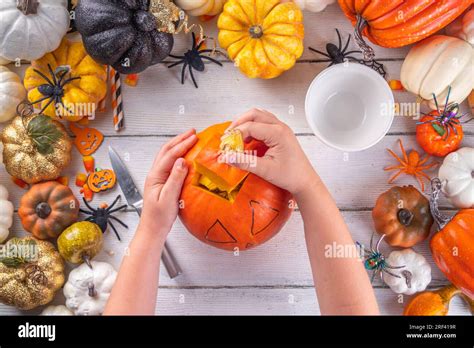 Preparation For Halloween With Carving Cutting Pumpkin Jack Lantern