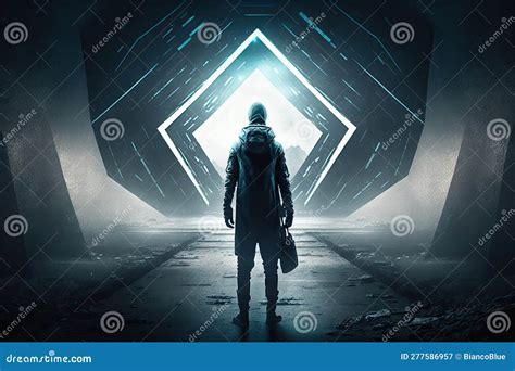 Hacker Standing In Futuristic Concrete Space Ship Interior Stock