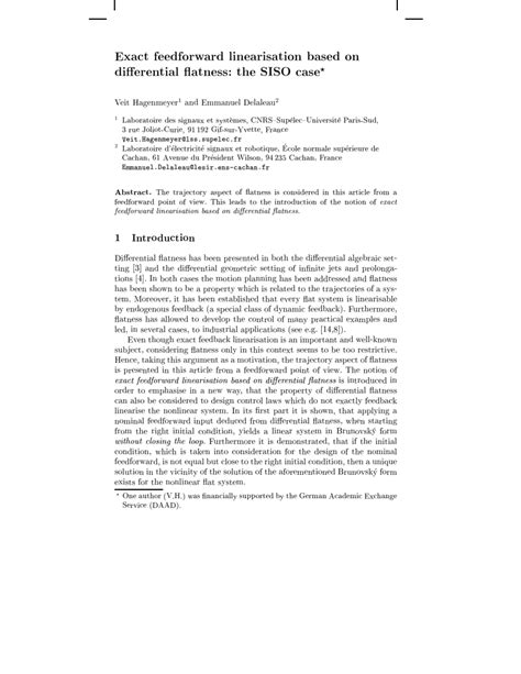 Pdf Exact Feedforward Linearisation Based On Differential Flatness The Siso Case