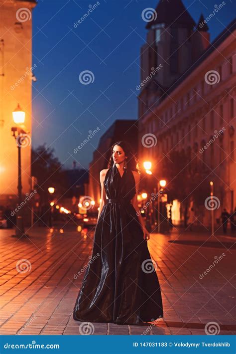 Luxury Woman In Evening Dress At Night City Going To Prom Party Girl In