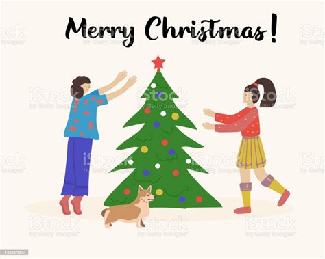 메리 크리스마스 인사말 카드 행복한 여자 친구 크리스마스 트리를 장식 하는 두 여자 웹사이트용 전단지 엽서 및 배너용 벡터 일러스트레이션 12월에 대한 스톡 벡터 아트 및