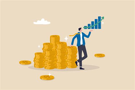 성공 투자 성장 자산 관리 저축 또는 소득 증가 부유 한 삶 이익 또는 성장 연금 기금 번영 개념 동전 스택 및 성장 차트가있는 부유 한 사업가 가계에 대한 스톡 벡터 아트