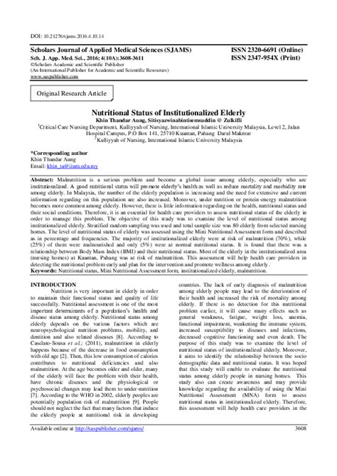Pdf Nutritional Status Of Institutionalized Elderly