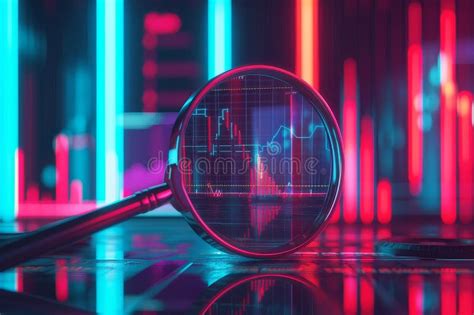 Data Analysis With Magnifying Glass Charts And Graphs And Ultraviolet Neon Screen Stock