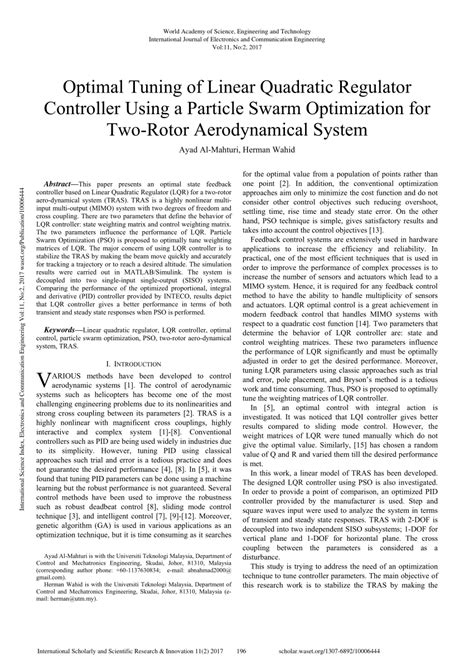 Pdf Optimal Tuning Of Linear Quadratic Regulator Controller Using A Particle Swarm