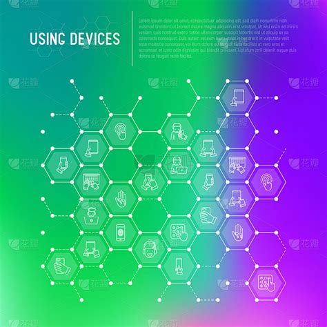 在蜂窝状的细线图标中使用设备概念 小玩意，手持平板电脑，触摸屏，指纹，笔记本电脑，无线耳机。现代矢量