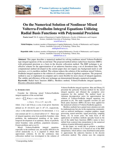 Pdf On The Numerical Solution Of Nonlinear Mixed Volterra Fredholm Integral Equations