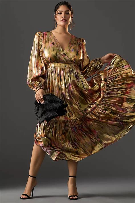 By Anthropologie Long Sleeve V Neck Metallic Midi Dress Anthropologie