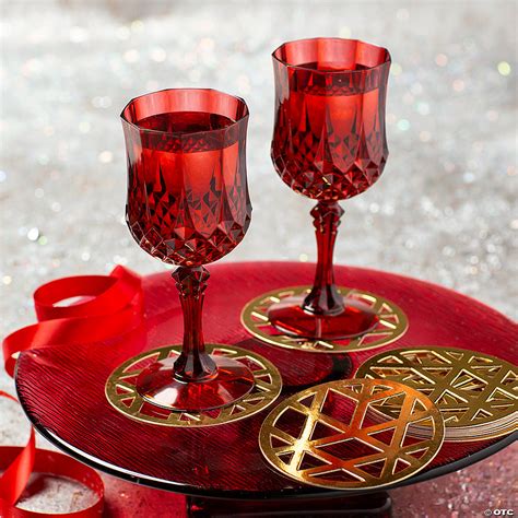 Red Patterned Plastic Wine Glasses With Gold Metallic Laser Cut