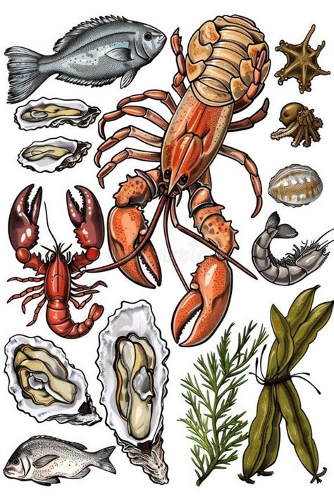 A Drawing Of Various Seafood Items Including A Crab Fish And