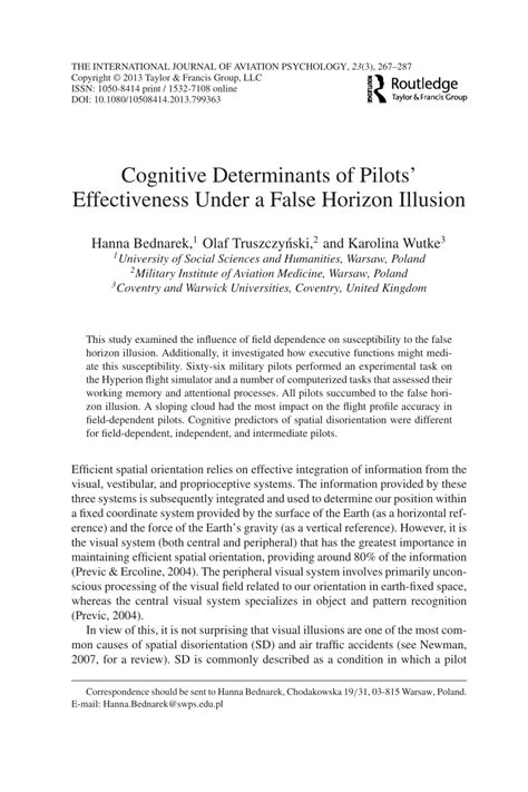 Pdf Cognitive Determinants Of Pilots Effectiveness Under A False Horizon Illusion