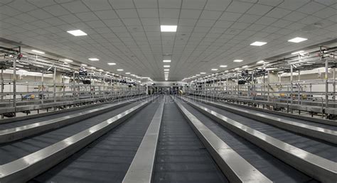Empty Baggage Handling Area Rows Of Metal Conveyor Belts And Sorting