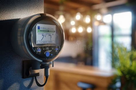 Digital Display Of A Smart Meter Installed In A Modern Home Interior With Warm Lighting Stock