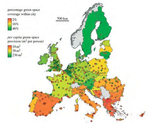 70 Urban Green Space Coverage In Europe Points Representing Cities