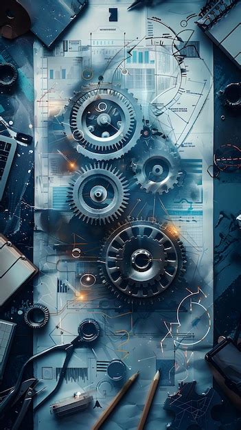 Streamlined Workflow Innovation Concept In Overhead Business Workspace With Gears And Digital