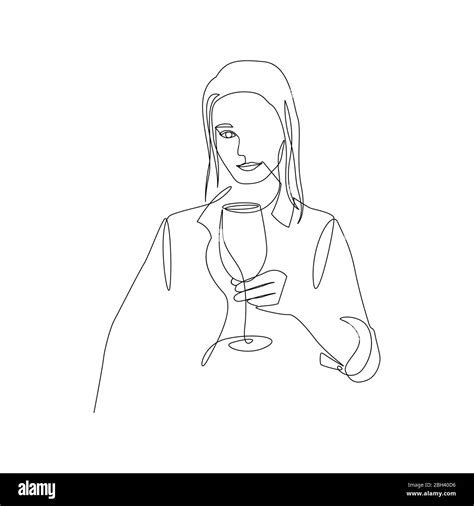 Continuous One Line Beautiful Woman Hold Glass Of Wine In Hand Art