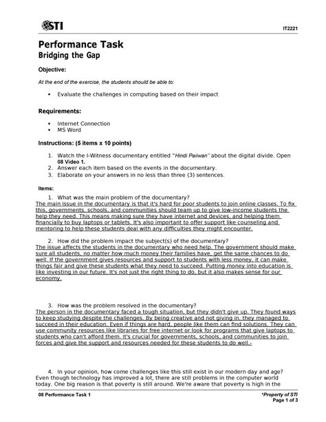 Performance Task Assibg For Computinh IT Performance Task Property Of STI Page