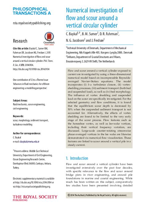 Pdf Numerical Investigation Of Flow And Scour Around A Vertical Circular Cylinder
