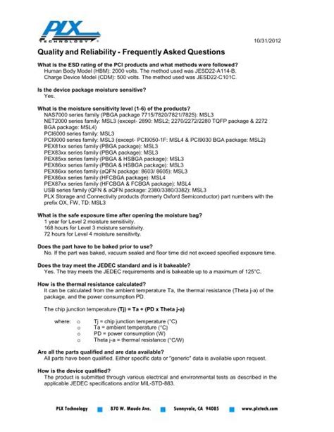 Quality And Reliability Frequently Asked Questions Plx Technology