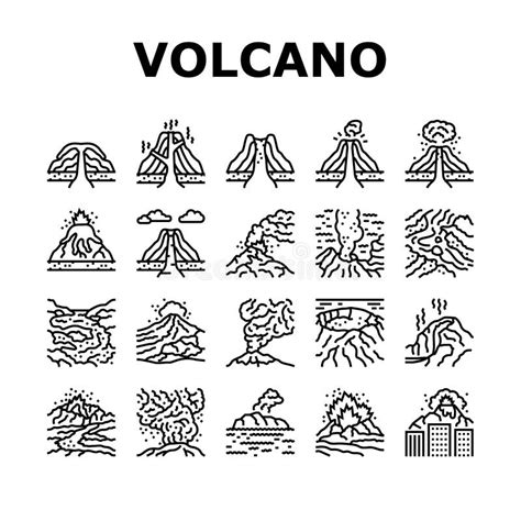 Volcano Lava Eruption Nature Icons Set Vector Stock Vector