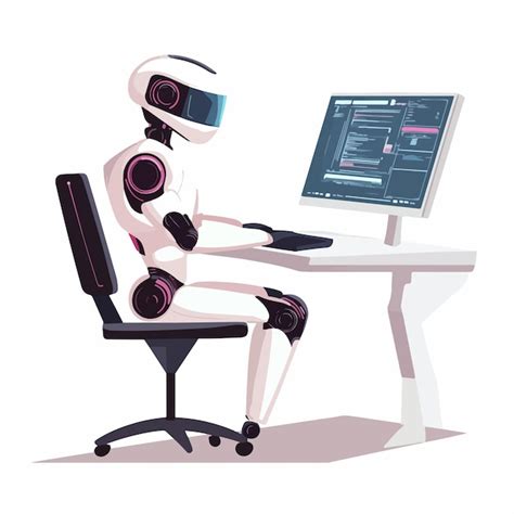 Smart Humanoid Robot Working At Computer With Virtual Screen Premium
