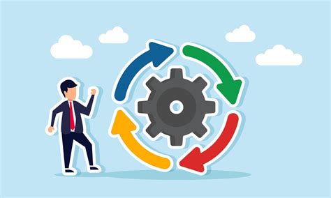 Businessman Standing Beside A Gear With A Rotating Arrow Symbol Illustration Of A Repetitive Businessman Standing Beside A Gear With A Rotating Arrow Symbol Illustration Of A Repetitive