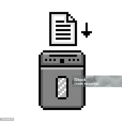 흰색 배경에 격리 된 문서 기호와 8 비트 픽셀 아트 휴대용 종이 분쇄기 사무실 어플라이언스 아이콘입니다 올드 스쿨 빈티지 복고풍 80 년대 90 년대 2d 컴퓨터 비디오