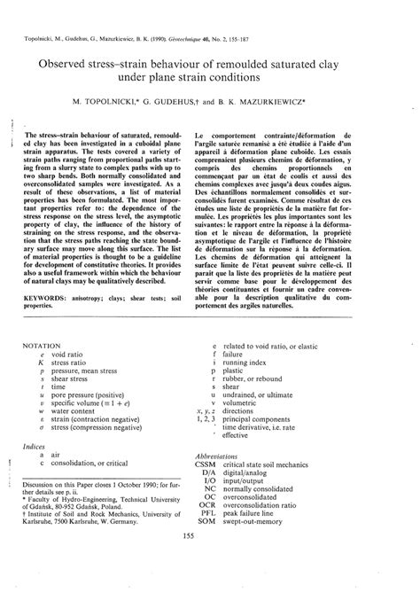 Pdf Observed Stressstrain Behaviour Of Remoulded Saturated Clay