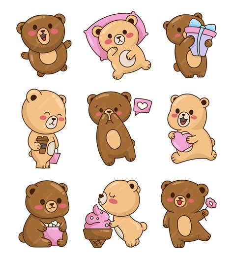 귀여운 카와이 은 다른 포즈를 취합니다 에모지 만화 캐릭터 손으로 그린 스타일의 터 그림입니다 프리미엄 벡터