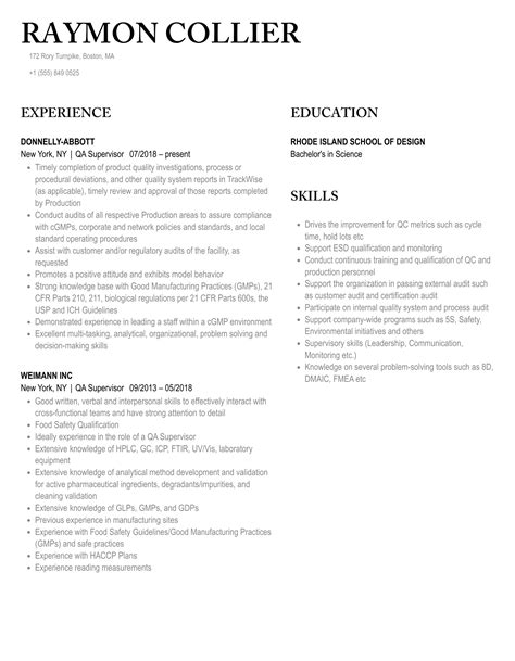 QA Supervisor Resume Samples Velvet Jobs