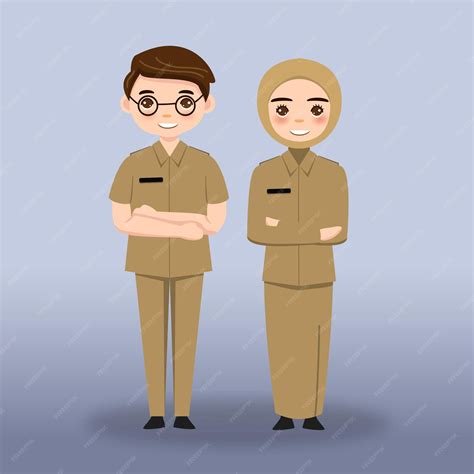 제복을 입은 남자 여자 히잡을 쓰고 있는 인도네시아 공무원의 그림 만화 프리미엄 벡터