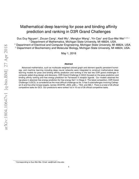 Pdf Mathematical Deep Learning For Pose And Binding Affinity Prediction And Ranking In D3r