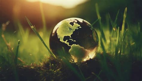 Glass Earth Globe In Green Grass Crystal Sphere Ecology And World